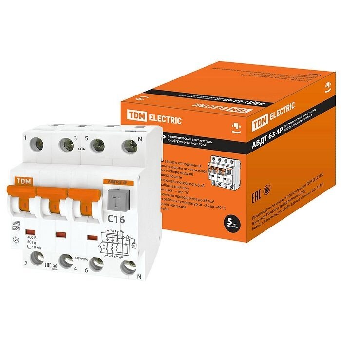 Выключатель автоматический TDM Electric 63 4P(3Р+N) C16 30мА 6кА тип А (SQ0202-0017)