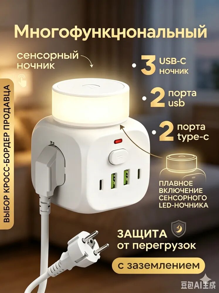Сетевой разветвитель с сенсорным ночником, Type-C, USB, Тройник для розетки, Ночник в розетку