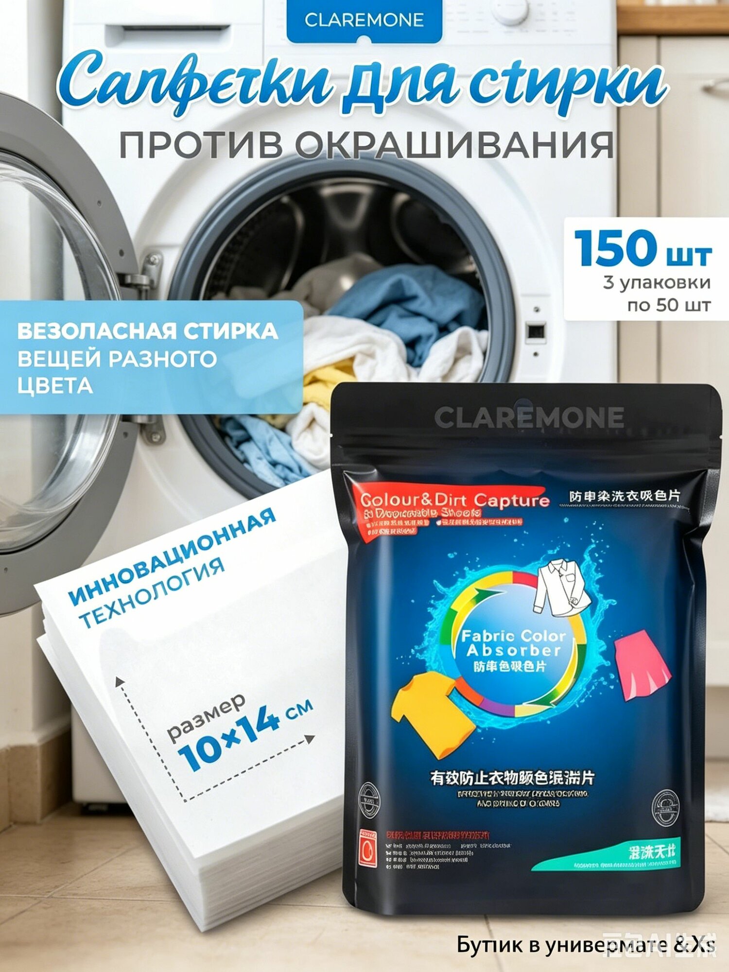 Ловушки цвета для стирки - салфетки против окрашивания белья и одежды,150 штук