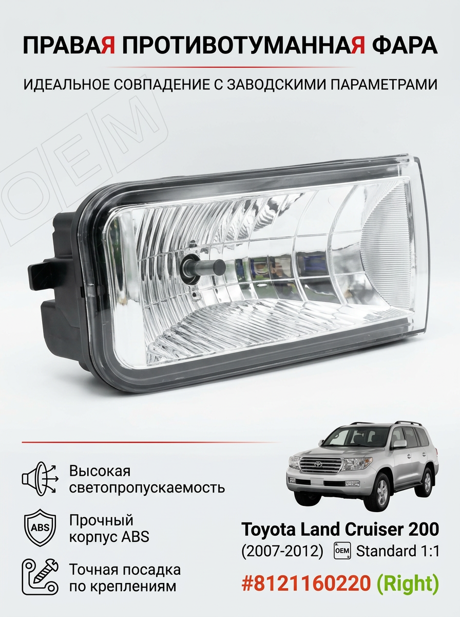 Фара противотуманная правая для Toyota Land Cruiser 200 год с 2007-2012, Тойота Лэнд Крузер, 8121160220, O.E.M.