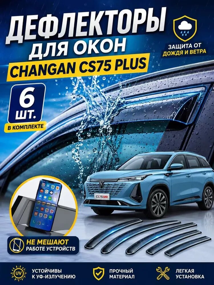 Дефлекторы окон для Changan CS75 Plus, 6 шт, ABS пластик, защита от дождя и ветра