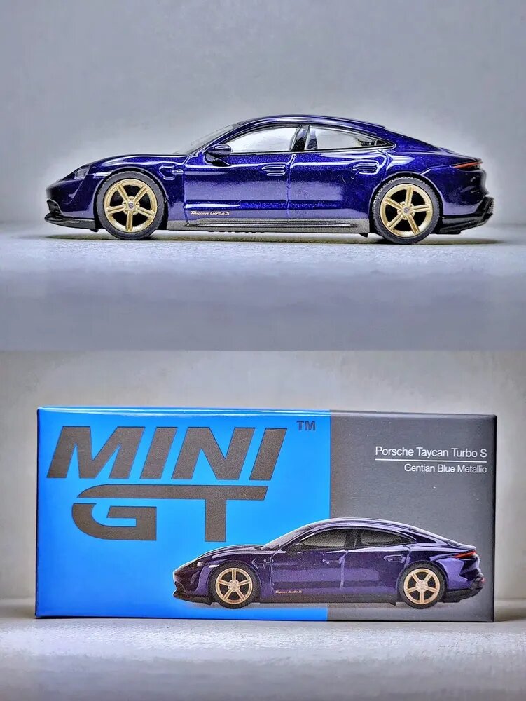 Коллекционная машинка MINI GT 1/64 #339 Porsche Taycan Turbo S Gentian Blue Metallic