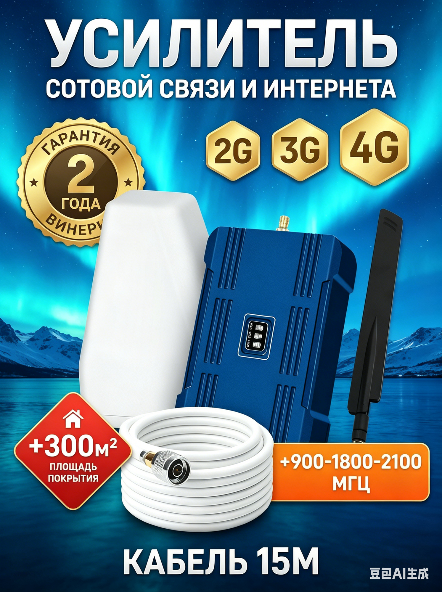 Усилитель сотовой связи 900/1800/2100 МГц (2G/3G/4G): до 70 км, направленный, синий, 1.3 кг