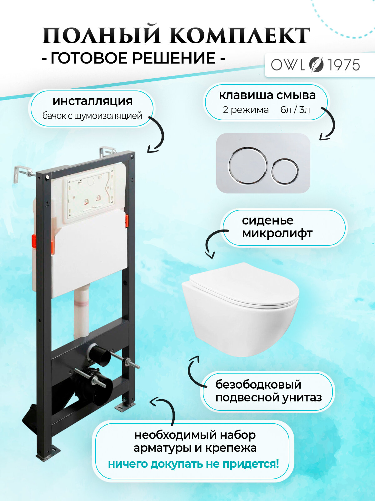 Инсталляция с унитазом комплект 4 в 1 OWL 1975 Gloria безободковый+кнопка хром глянцевая IN-500G+IN-005.05+AZ-2003