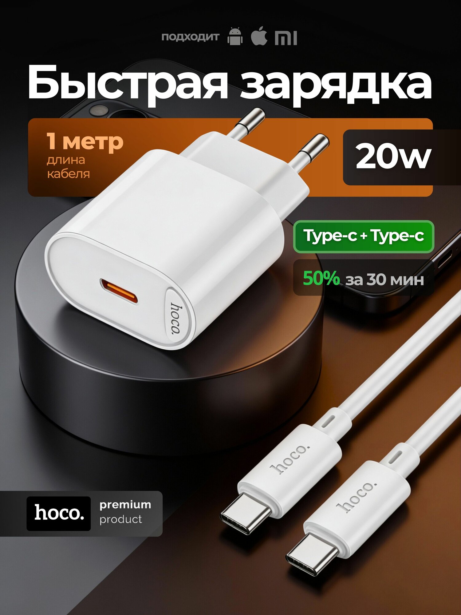 Зарядка type c/ Быстрая зарядка для телефна Android, iPhone 15/16/17, Xiaomi / Зарядное устройство универсальное с кабелем type c