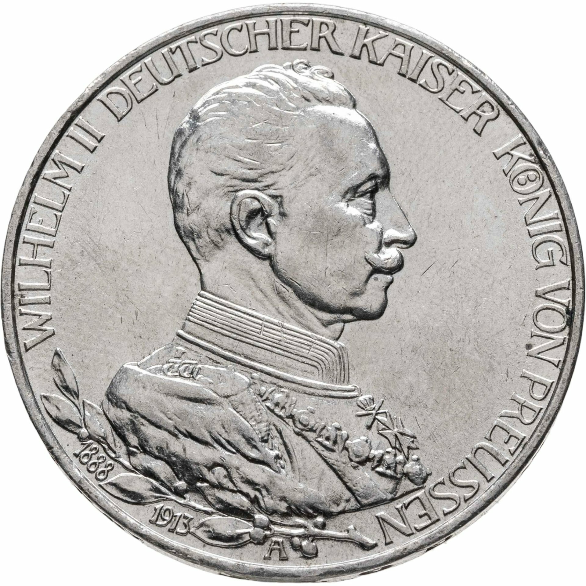 Германская империя Пруссия 3 марки 1913 "25 лет правления Вильгельма II", Серебро 900, в сохранности UNC
