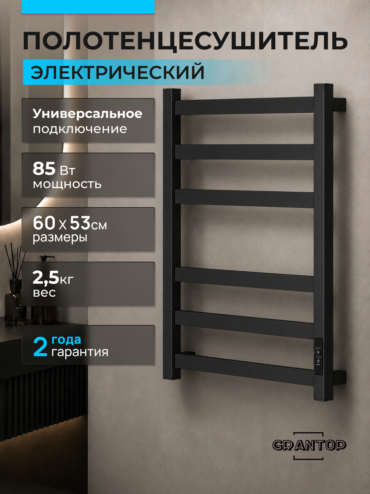 Полотенцесушитель электрический Grantope Мохаве GPT066050BL 600x500, черный матовый