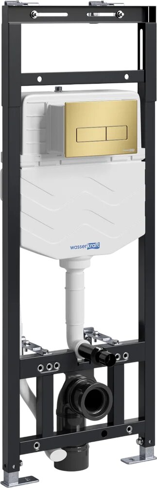 Инсталляция с кнопкой Wasserkraft Alme 15TLT.010. ME. MG03 50, 4 см, крепление к стене/к полу, с регулировкой по высоте, кнопка для унитаза золотая, матовая, с шумоизоляцией