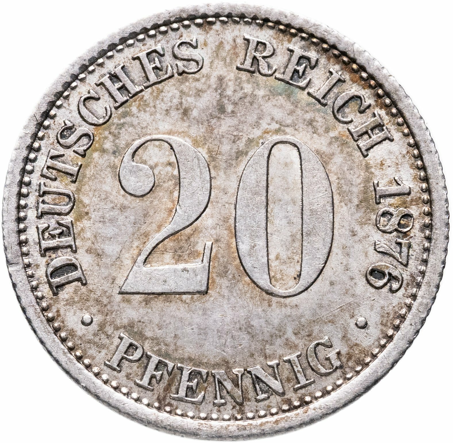 Германия 20 пфеннигов pfennig 1876 D знак монетного двора: "D" - Мюнхен, Серебро 900, в сохранности XF-AU