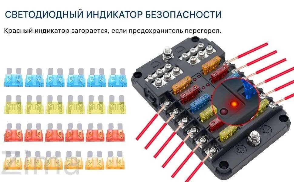 Блок предохранителей на 12 позиций для лодок, автомобилей, автодомов, с CE сертификацией, огнестойкий — фото 1