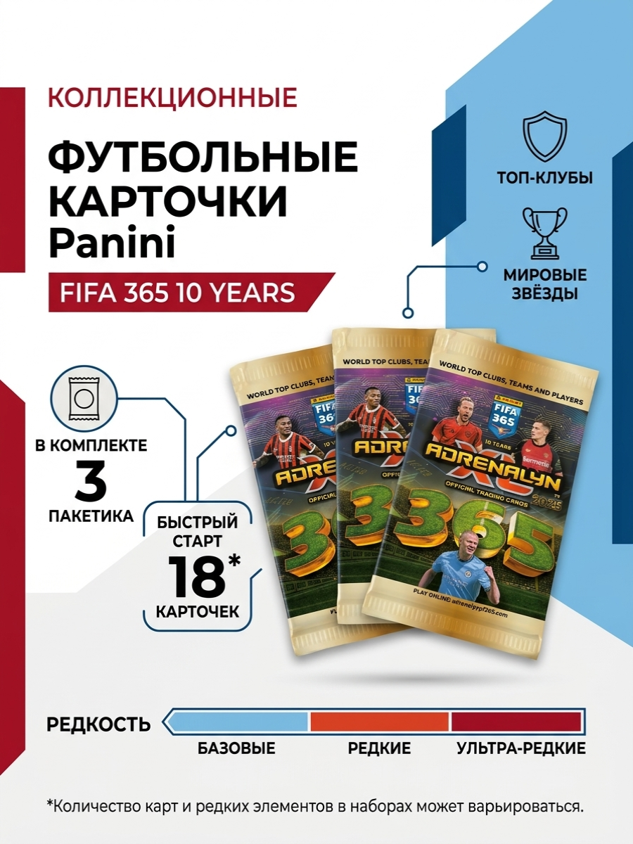 Panini / 3 пакетика футбольных карточек FIFA 365 10 years Adrenalin XL 2025 / 18 карточек