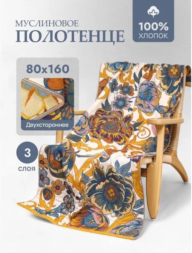 Полотенце банное homely23, Хлопок, Муслин, 80x160 см, темно-синий, желтый, 1 шт.