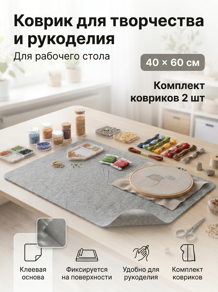 Коврик противоскользящий настольный для творчества, для уроков рисования, лепки, рукоделия, размер 40х 60 см, 2 шт
