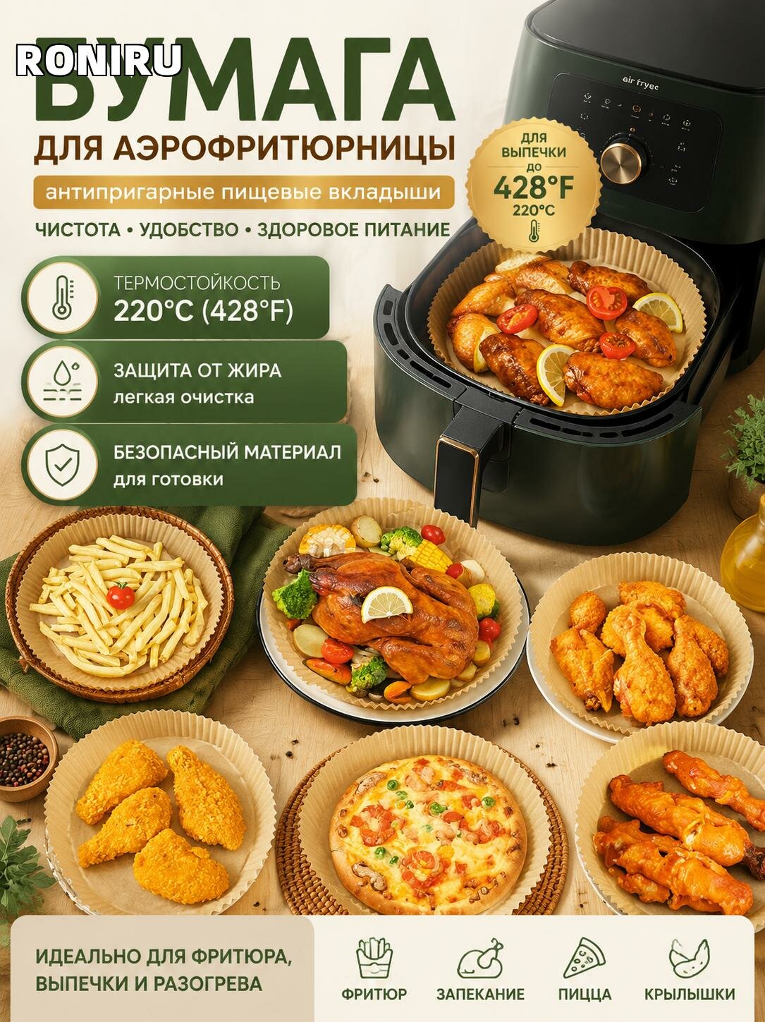 Бумага для абсорбирования жира в аэрофритюрнице — антипригарные пищевые вкладыши, термостойкость 428°F для выпечки