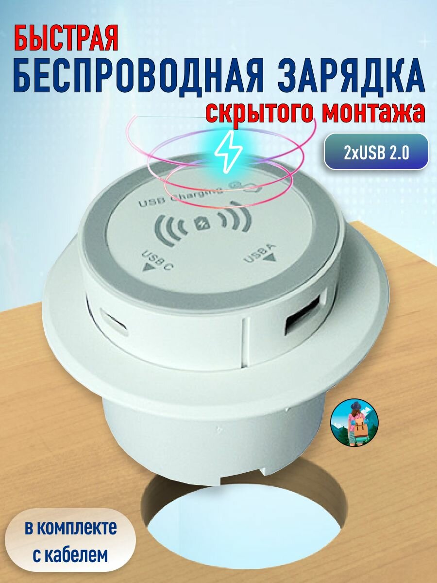 Зарядное устройство врезное, 2 USB: Type-C + Type-A, скрытого монтажа, зарядка встраиваемая в мебель