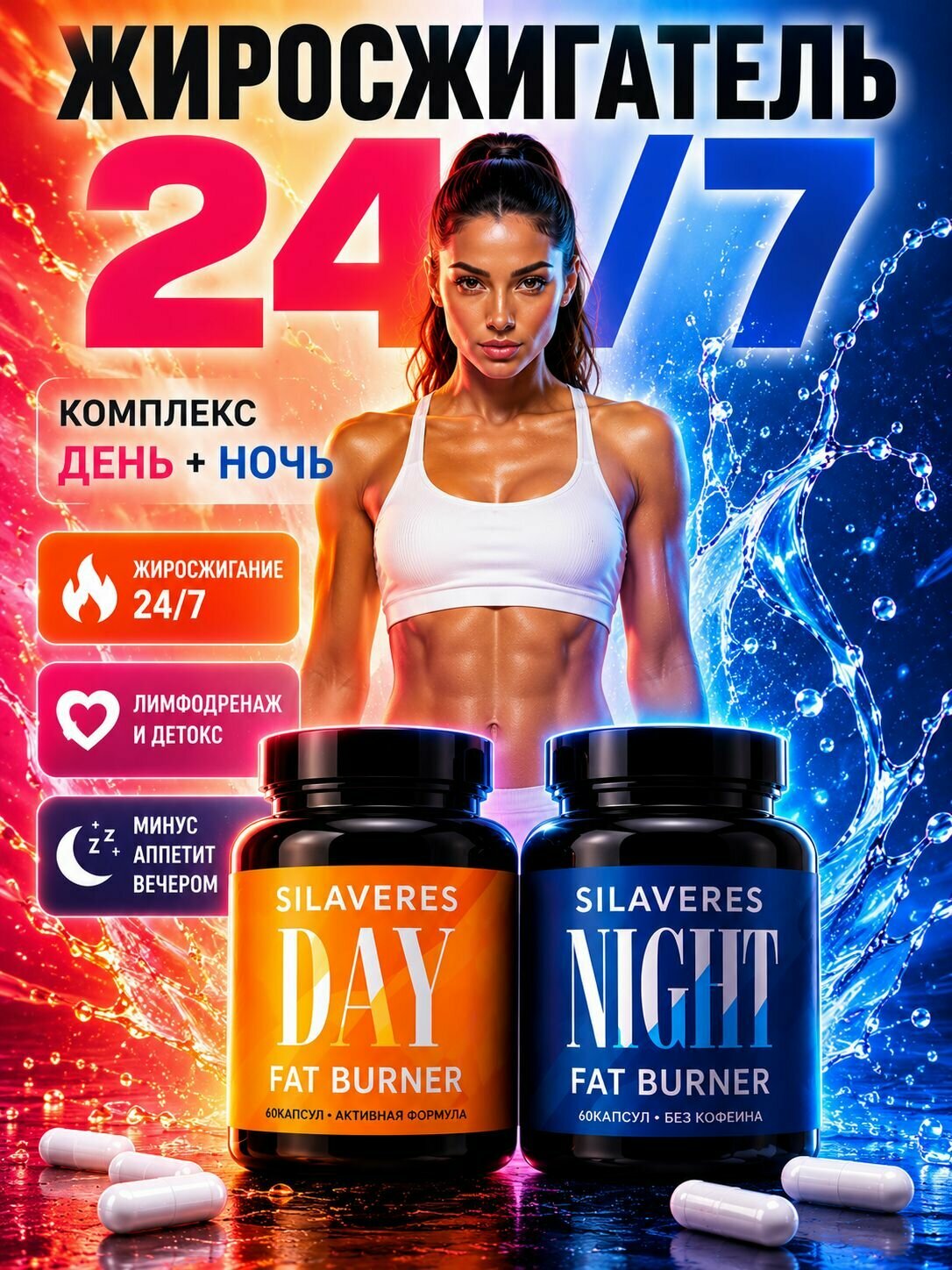 Пиколинат хрома для похудения и мощный жиросжигатель с Л-карнитином SILAVERES, контроль аппетита День и Ночь, 120 капсул пиколинат хрома жиросжигатель с л-карнитином контроль аппетита 120 капсул