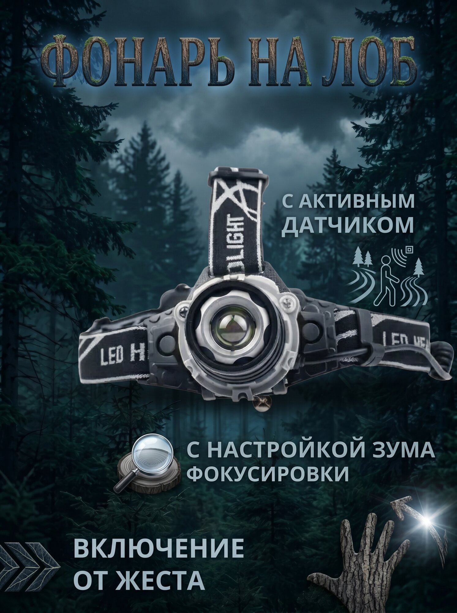 Налобный фонарь светодиодный, несколько режимов свечения, влагозащитой,/Аккумуляторный, LED, для рыбалки, охоты/с зарядкой от USB, водонепроницаемый, черная