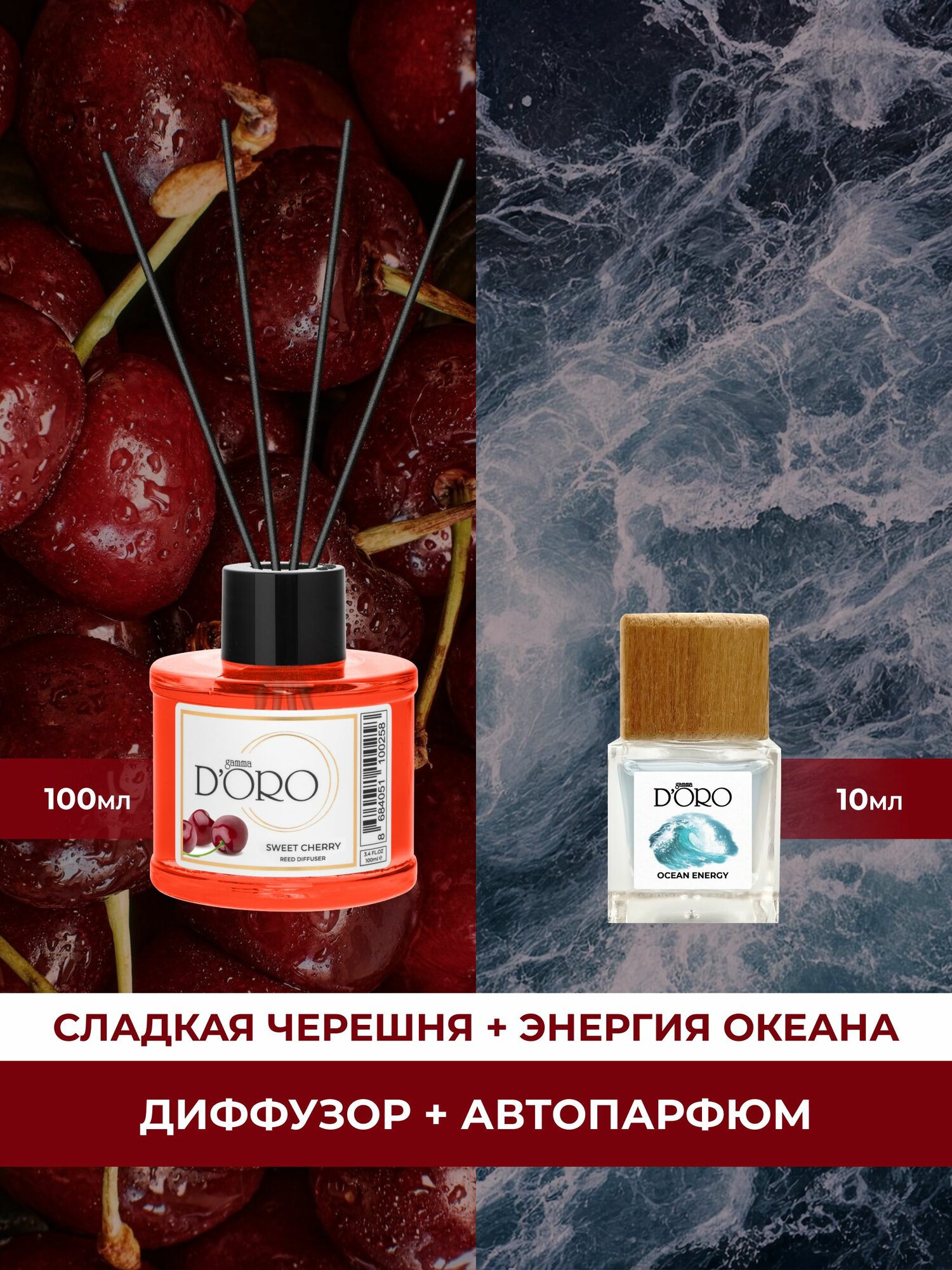 GAMMA D'ORO Подарочный набор диффузор ароматический для дома с палочками Сладкая черешня и ароматизатор для автомобиля Энергия океана, 100 мл и 10 мл