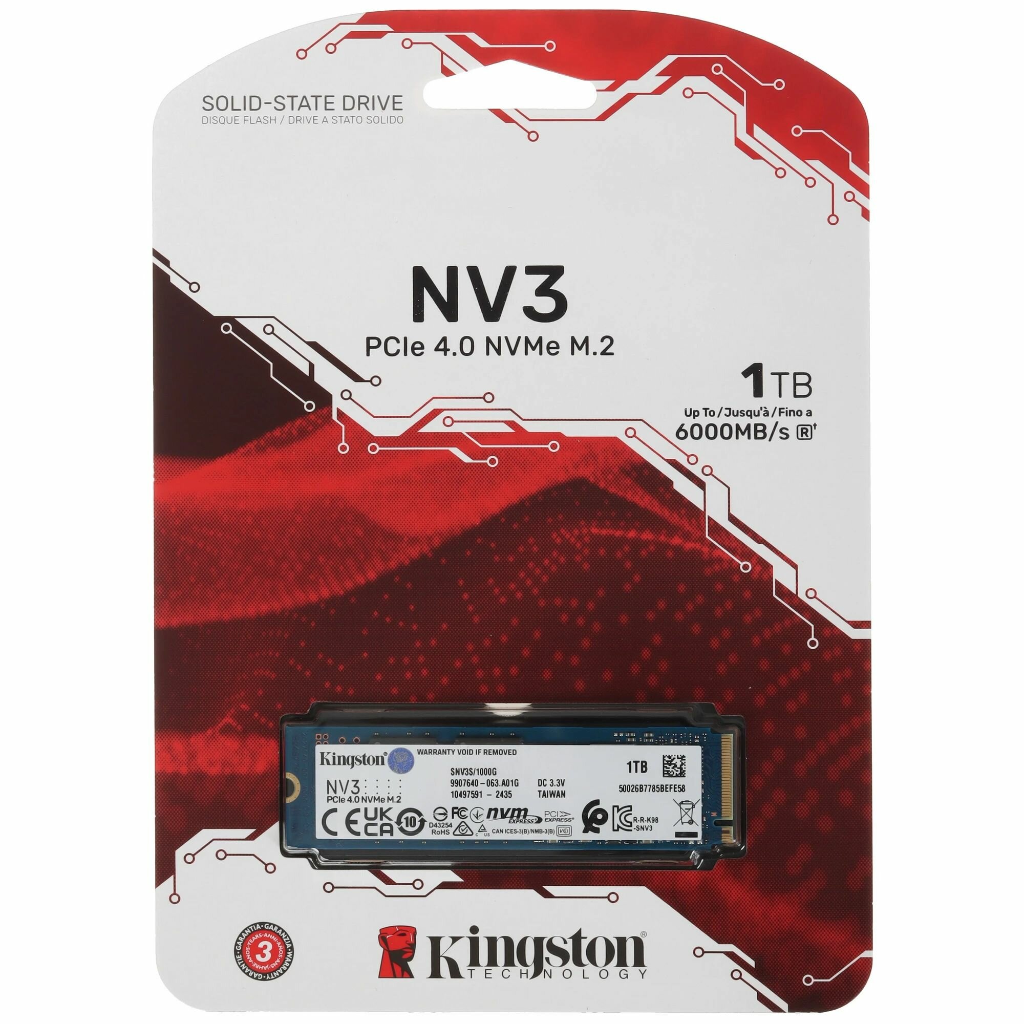 1 ТБ M.2 NVMe накопитель Kingston NV3 (SNV3S/1000G) - PCI-E 4.0, чтение - 6000 МБ/с, запись - 4000 МБ/c, TBW - 320