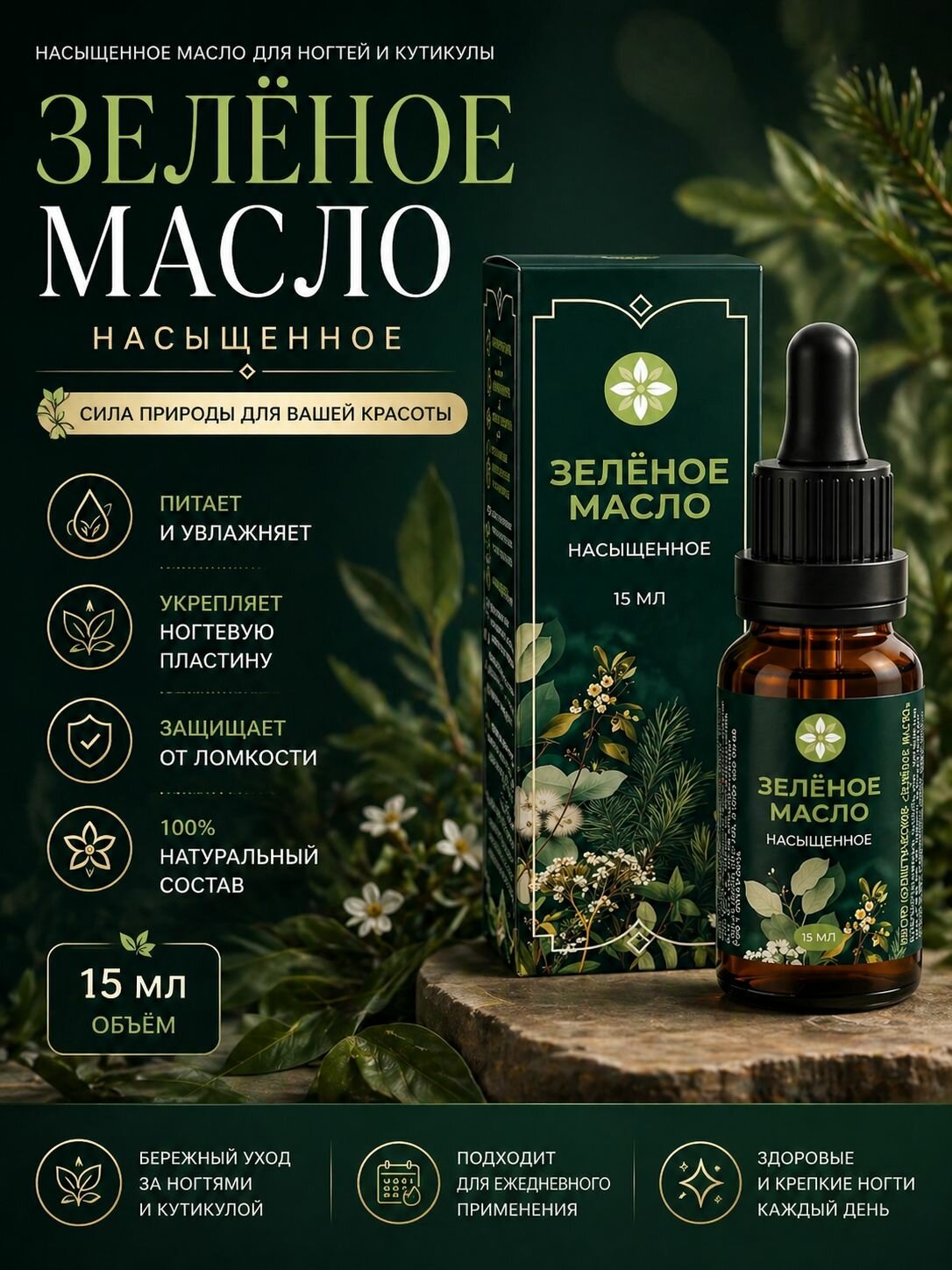 Масло зеленое насыщенное, 15 активных компонентов, 15мл. Алтайский нектар.
