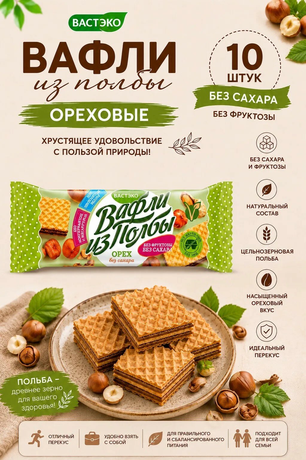 Вафли из полбы. Орех. Без Сахара. 10 шт по 15 г. Вастэко