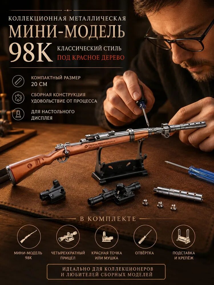 Сборная металлическая мини-модель винтовки 98K под красное дерево, длина 20 см, коллекционный сувенир