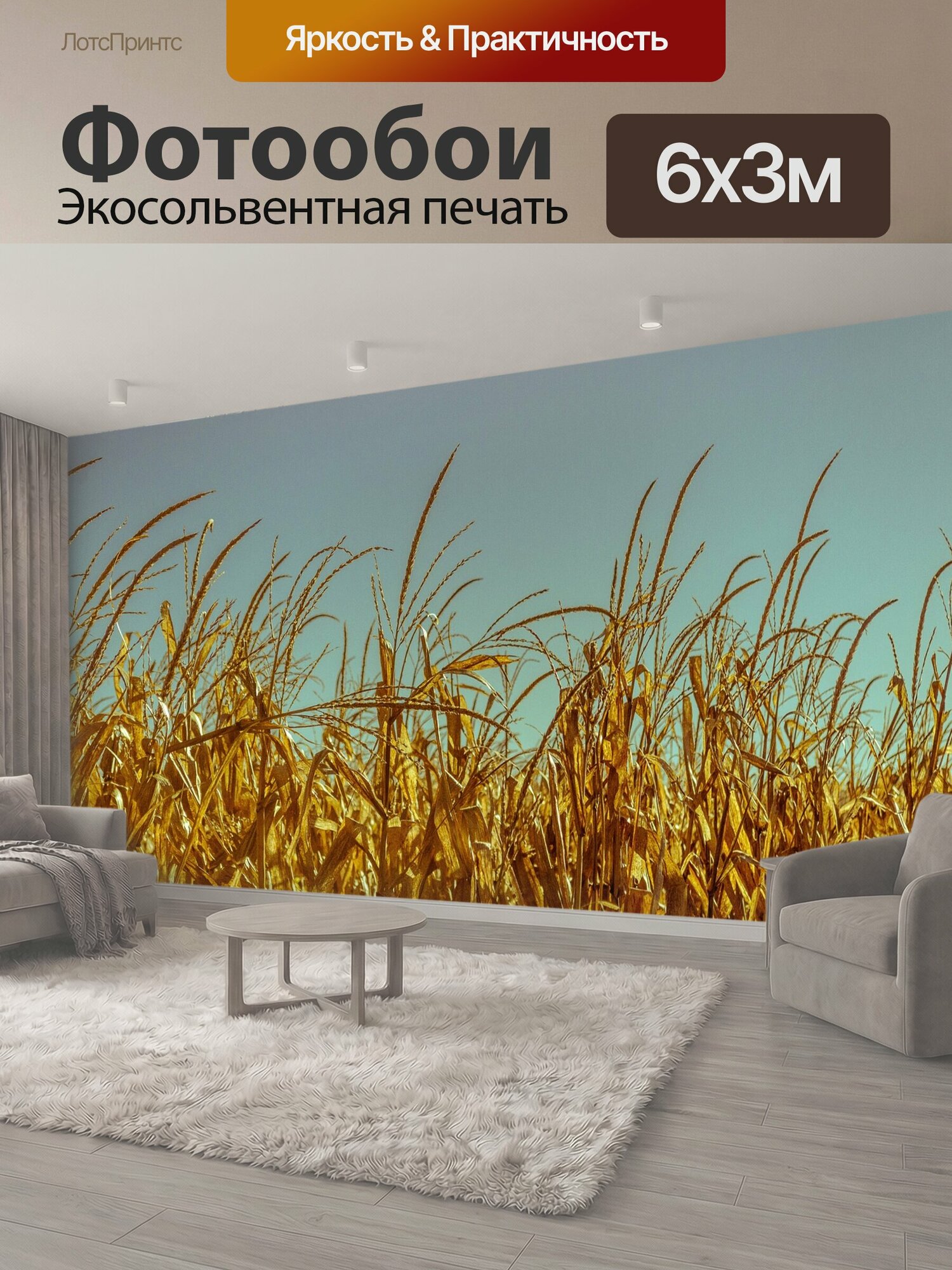 Фотообои "Пшеница, поле, посевы" 600x300 см. экосольвентная печать