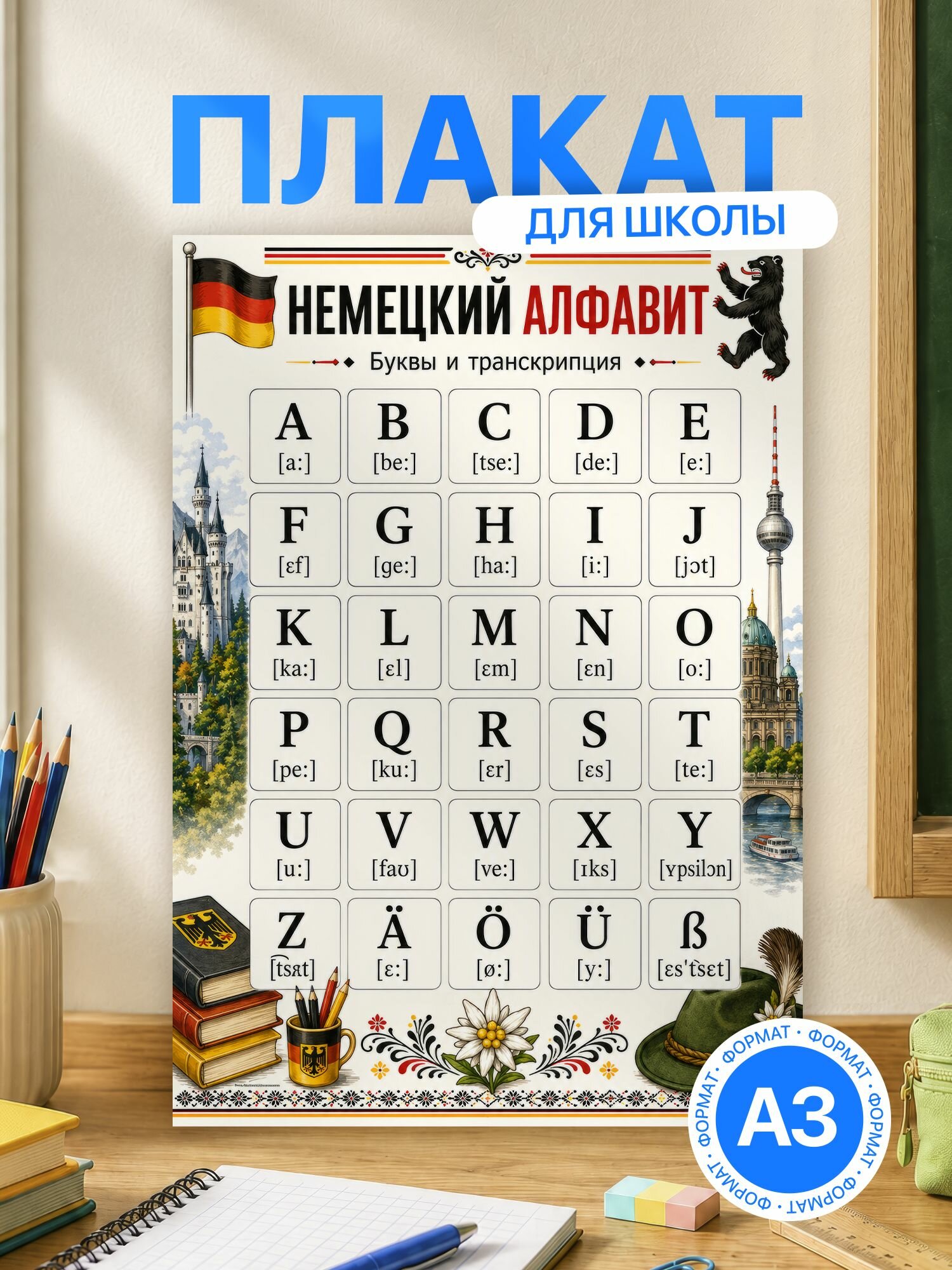 Немецкий алфавит плакат для школы, в класс