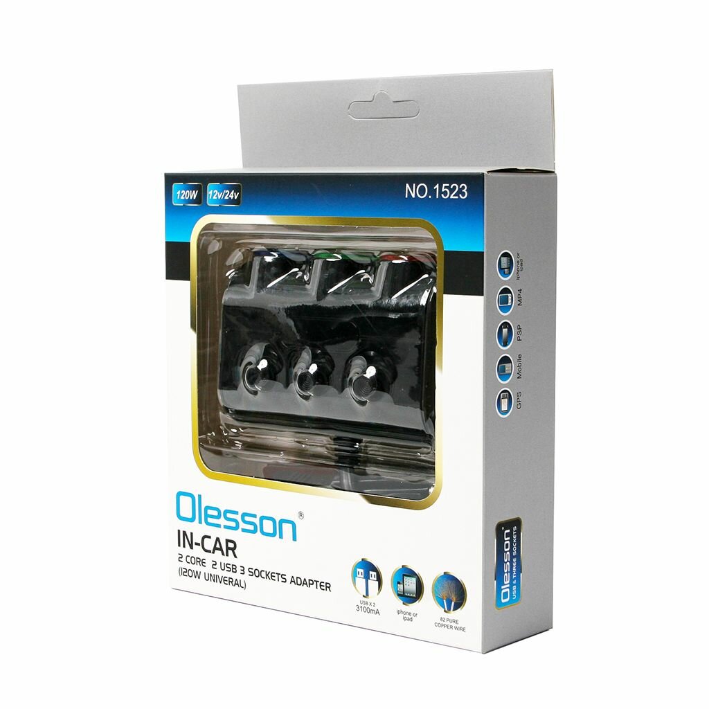 Разветвитель прикуривателя 2USB 3 разъема 12-24V (NO 1523)