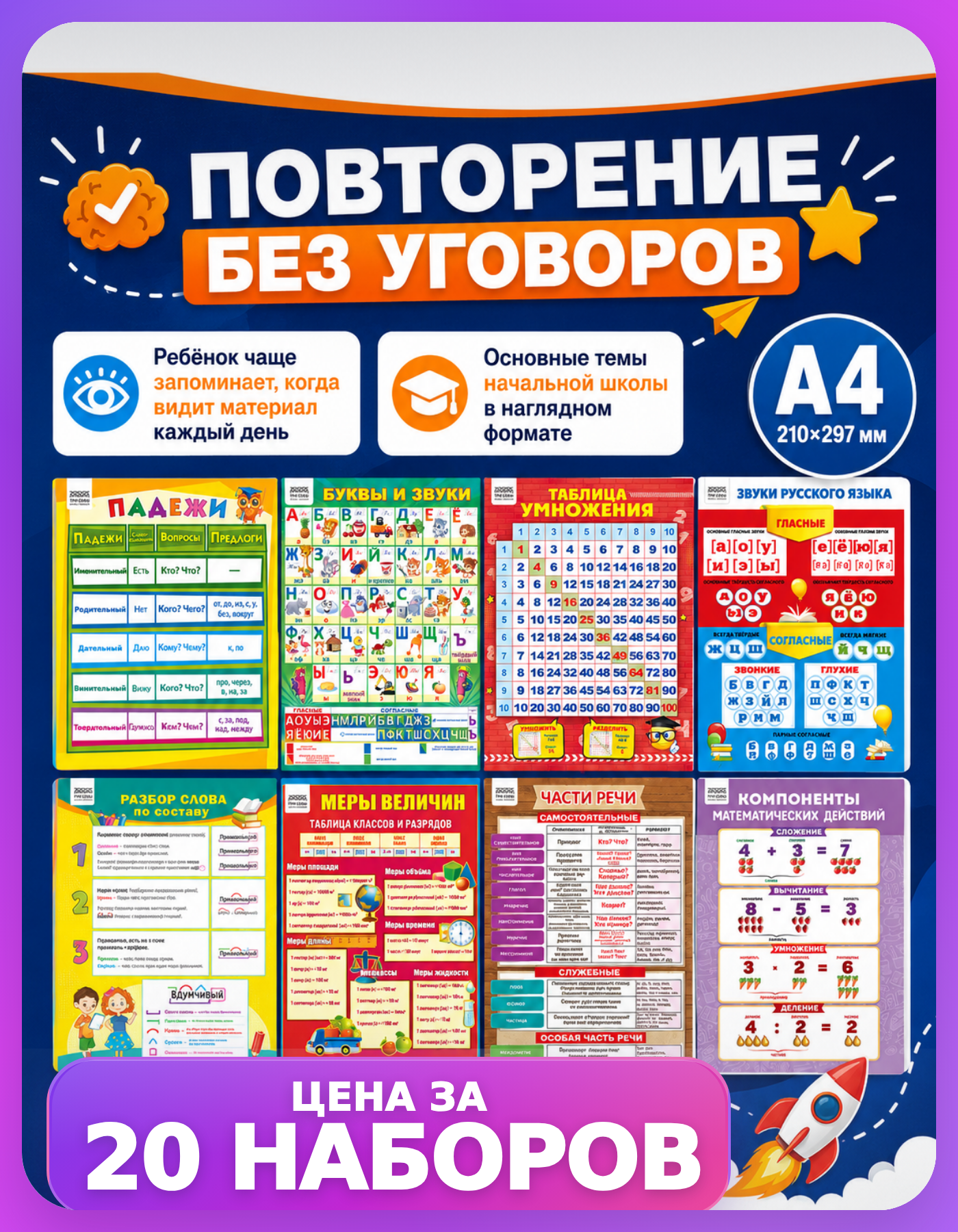 Учебные плакаты для школьника А4, 20 комплектов
