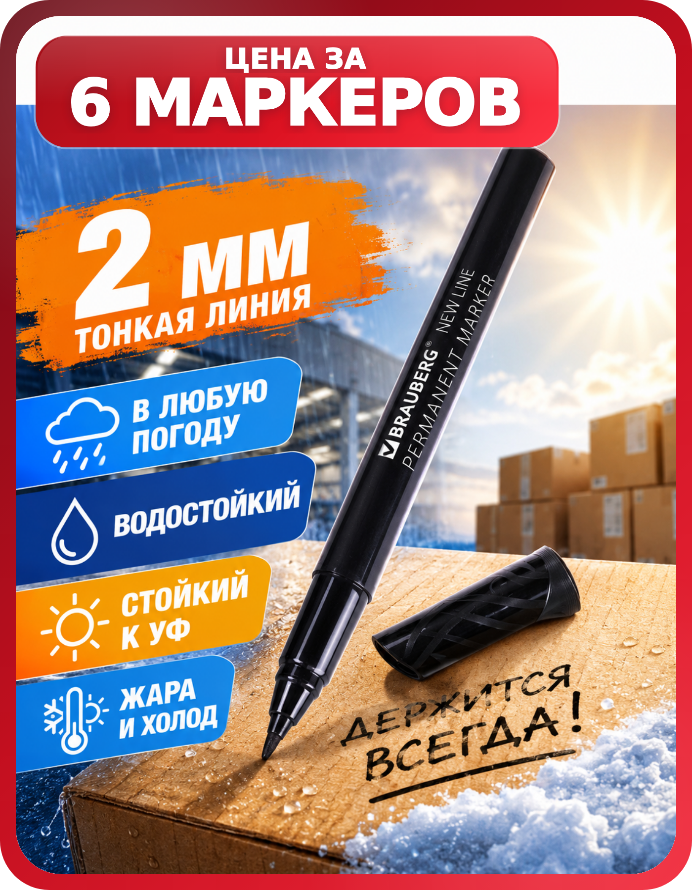 Набор черных маркеров BRAUBERG для офиса, 6 шт