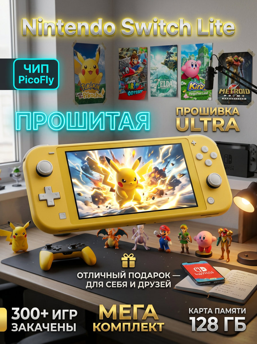 Новая консоль Nintendo Switch Lite 128Gb, чип PicoFly, прошивка Ultra, желтый