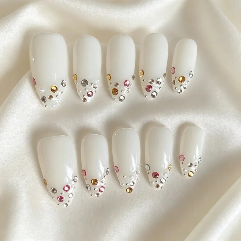 Многоразовые накладные ногти акрил milky white с стразами, 10 шт. XS
