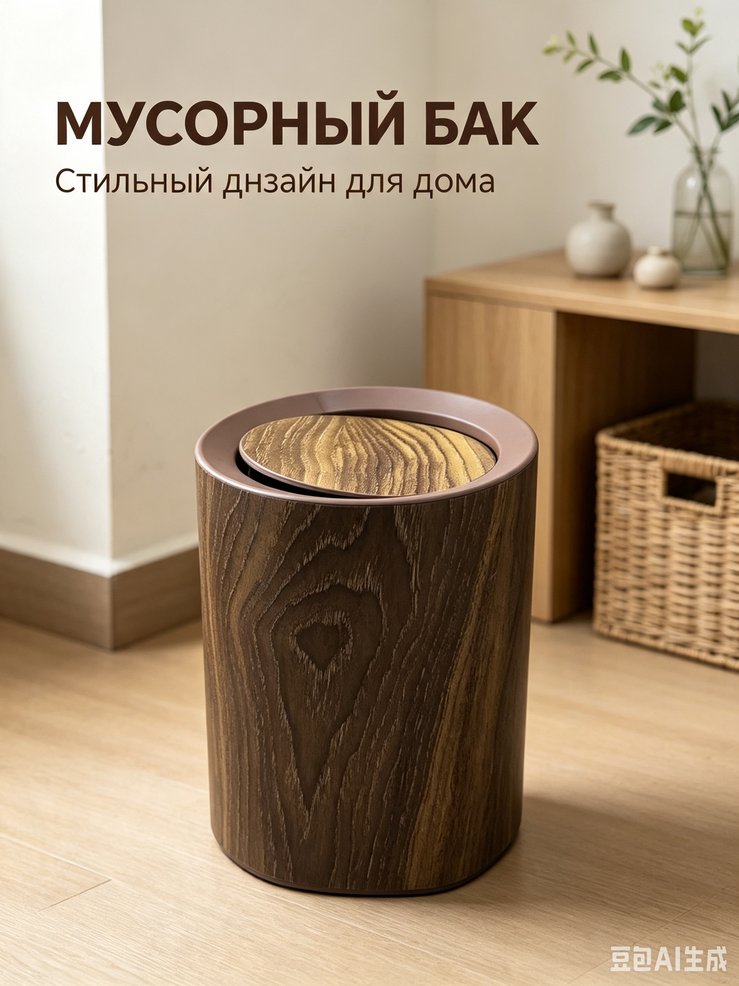 Мусорное ведро 14л деревянное с вращающейся крышкой антизапах для кухни, ванной, офиса