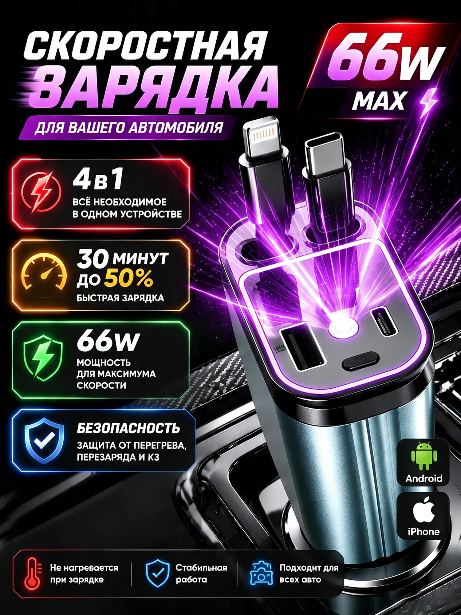 Автомобильное зарядное устройство 4 в 1 66W быстрая зарядка, с выдвижным кабелем Type-C и Lightning, поворот 180°