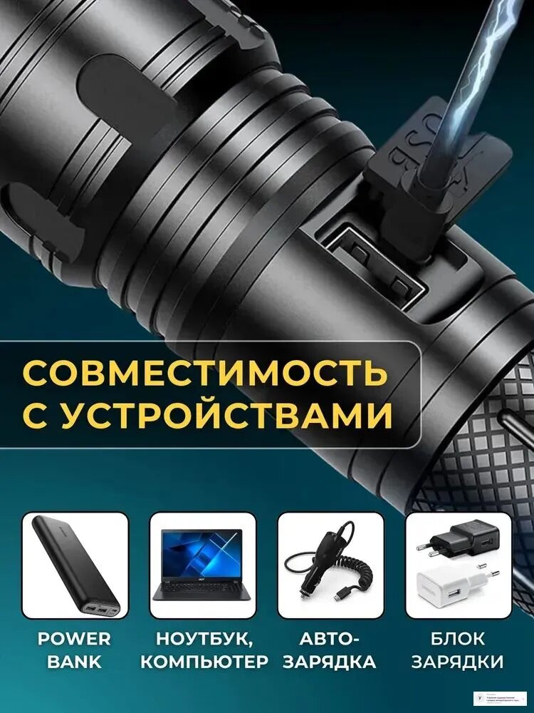 Фонарь ручной аккумуляторный с Power Bank и магнитом, LED, 7 режимов, черный — фото 1