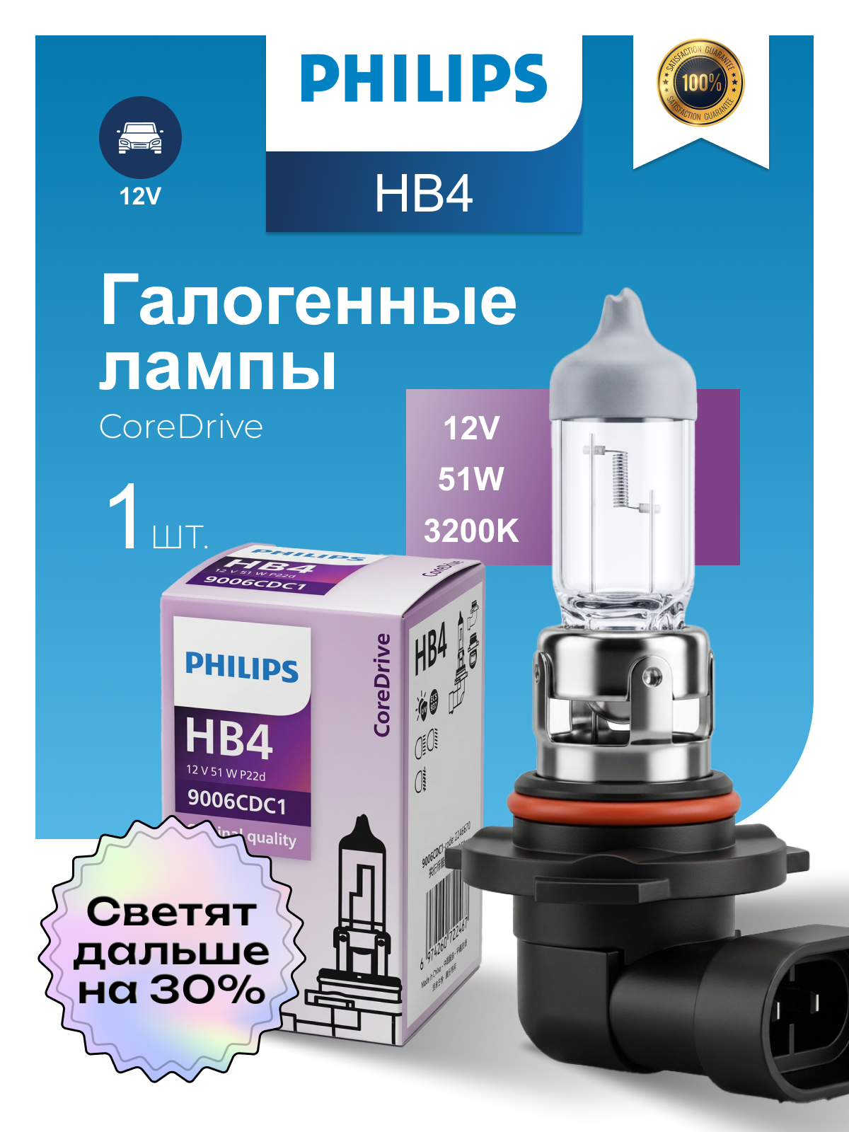 Галогенная лампа Philips HB4 CoreDrive 1шт QR подлинности 9006CDC1