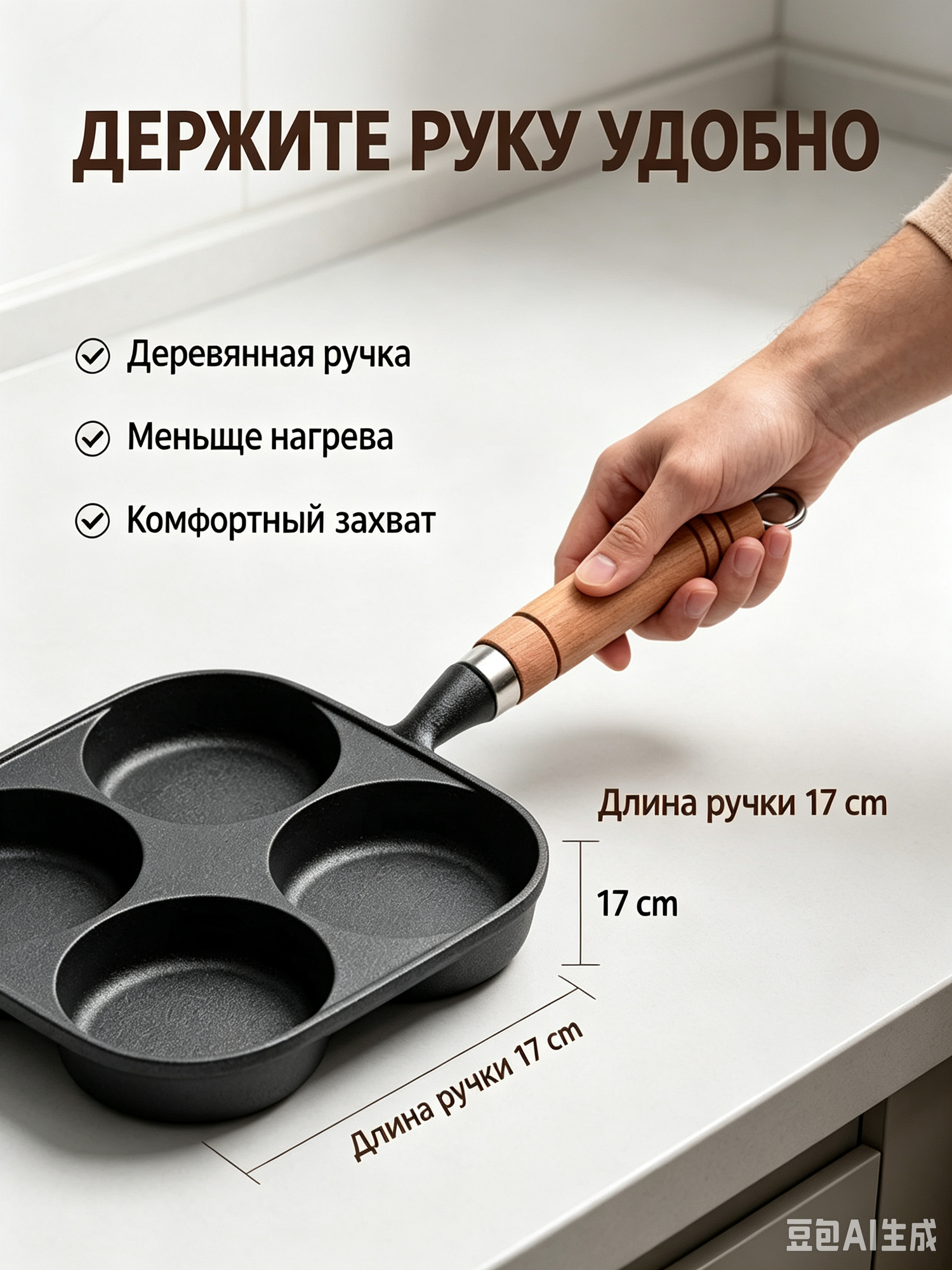 Чугунная сковорода на 4 секции 19,5 см, без покрытия, для яиц, подходит для газа и индукции