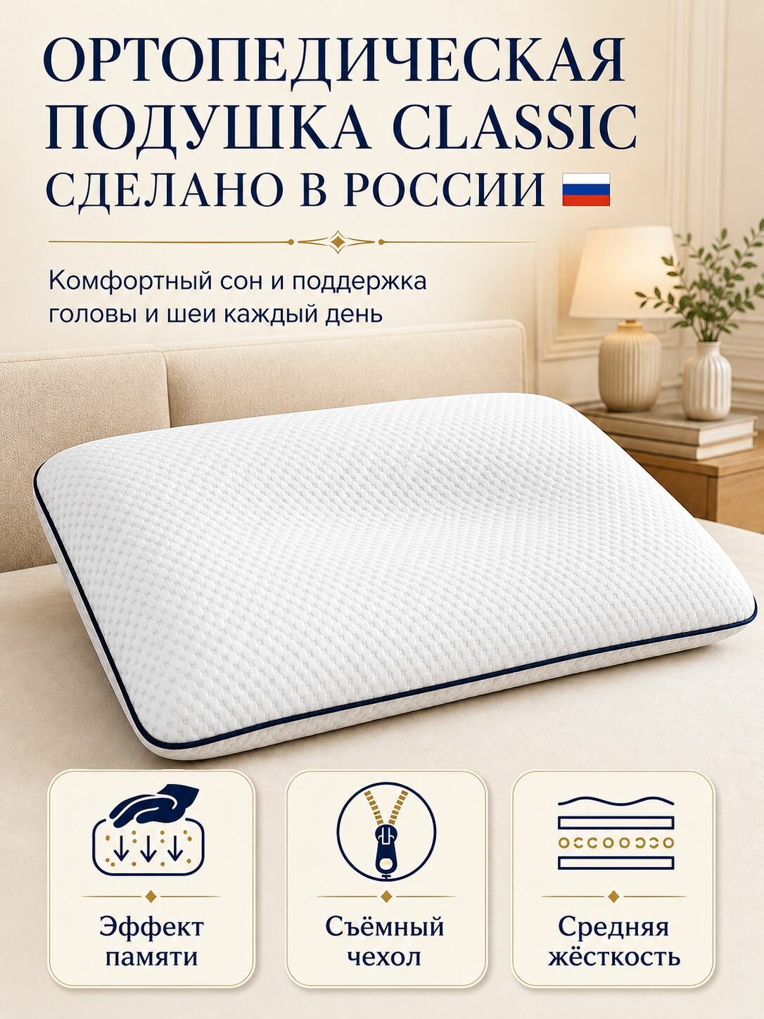 Подушка ортопедическая с эффектом памяти Classic 60х40 см