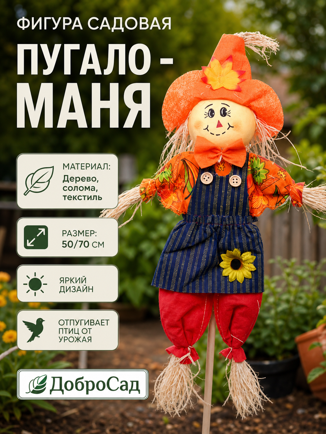 Пугало огородное «Маня» 50/70 см, текстиль и солома/ Декор для огорода и дачи / Отпугиватель птиц "ДоброСад"