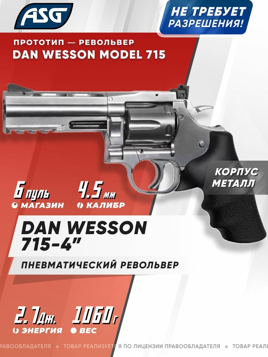 Пневматический пистолет ASG Dan Wesson 715 4" Silver, револьвер, кал. 4,5 мм, серый