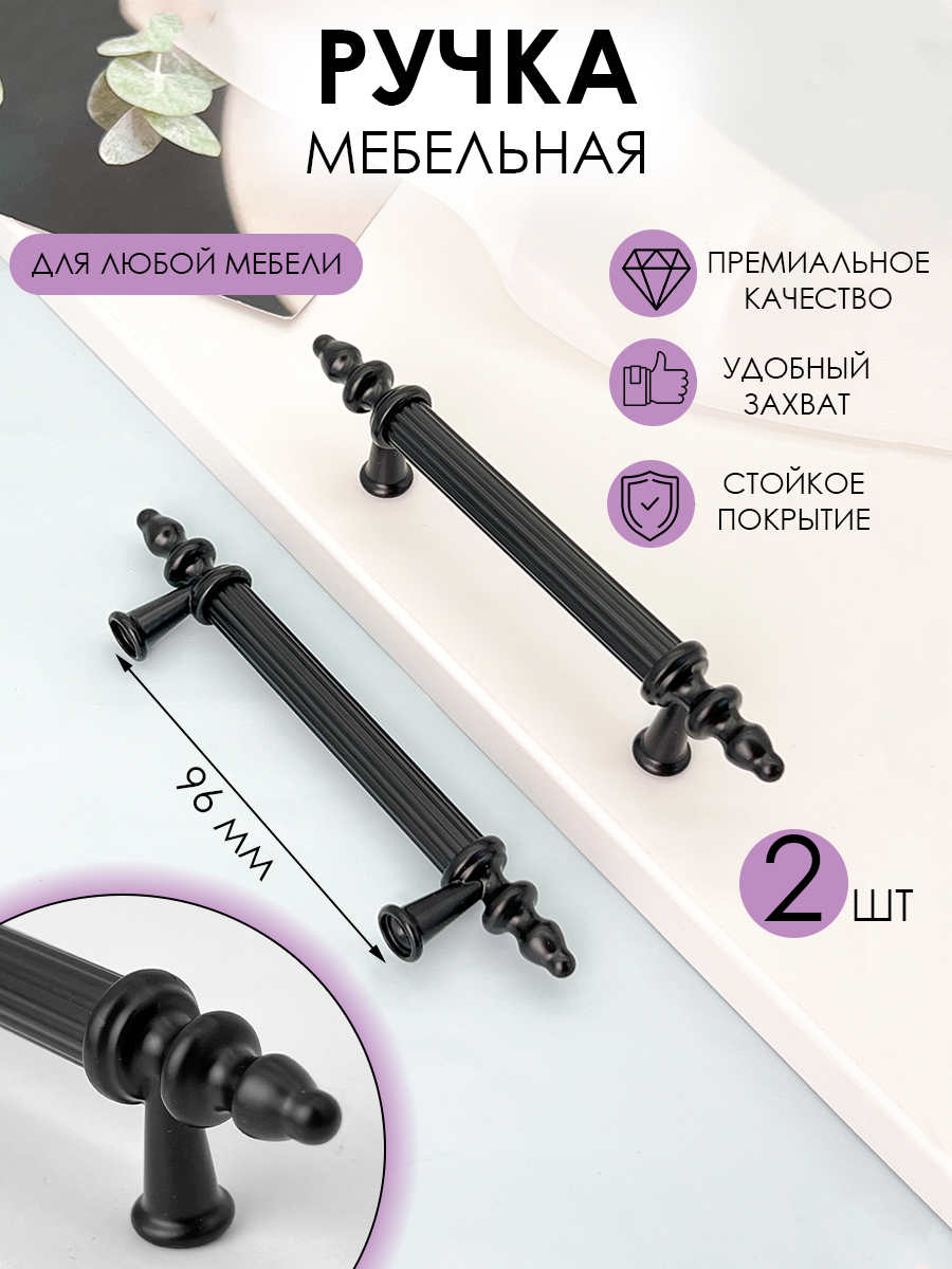 Мебельные ручки черные металлические скобы на шкаф кухни, на тумбу и комод, 96 мм, 2 шт.