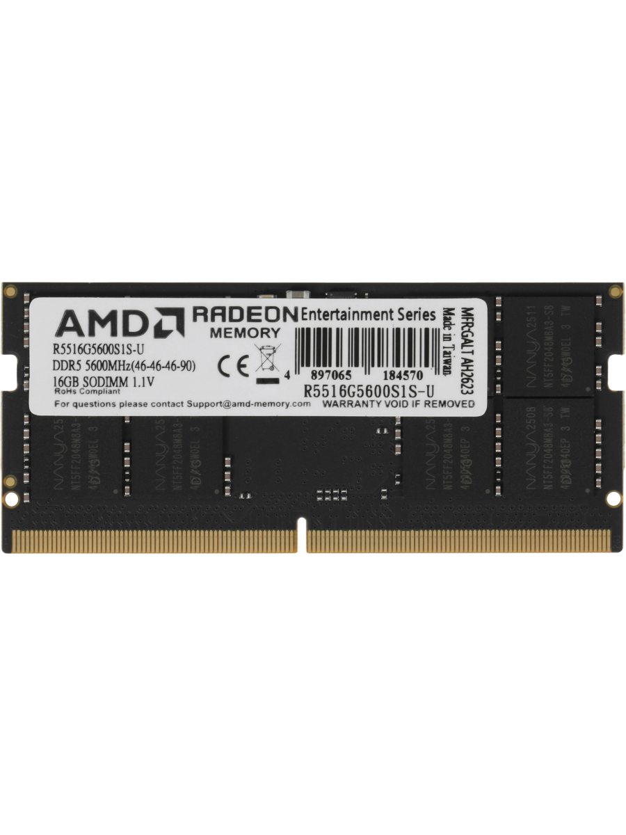 Память DDR5 16GB 5600MHz AMD R5516G5600S1S-U Radeon R5 RTL PC5-44800 CL46 SO-DIMM 262-pin 1.1В RTL