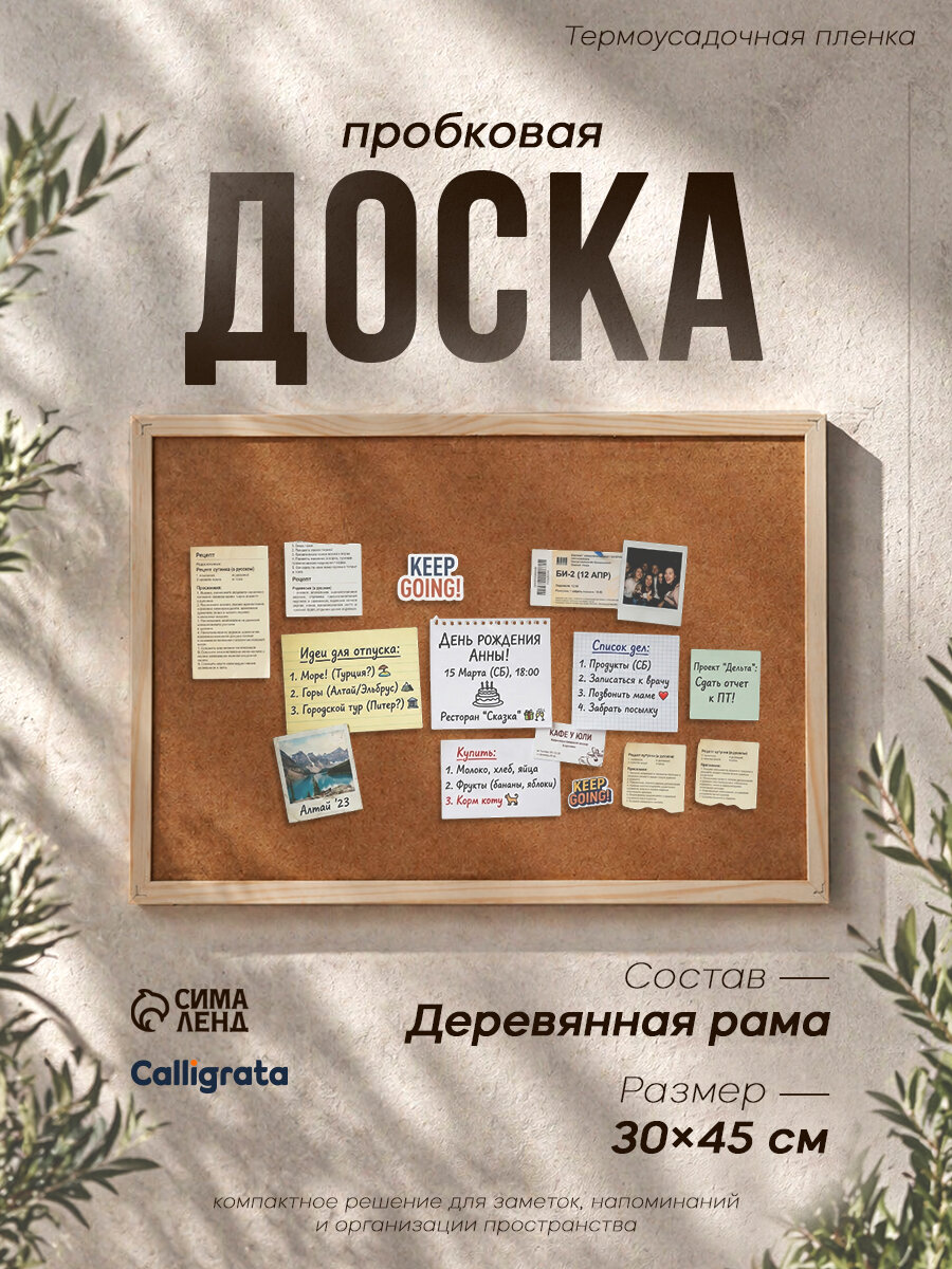 Доска пробковая Calligrata, 30×45 см, для крепления записок, фотографий и списков дел, в деревянной раме