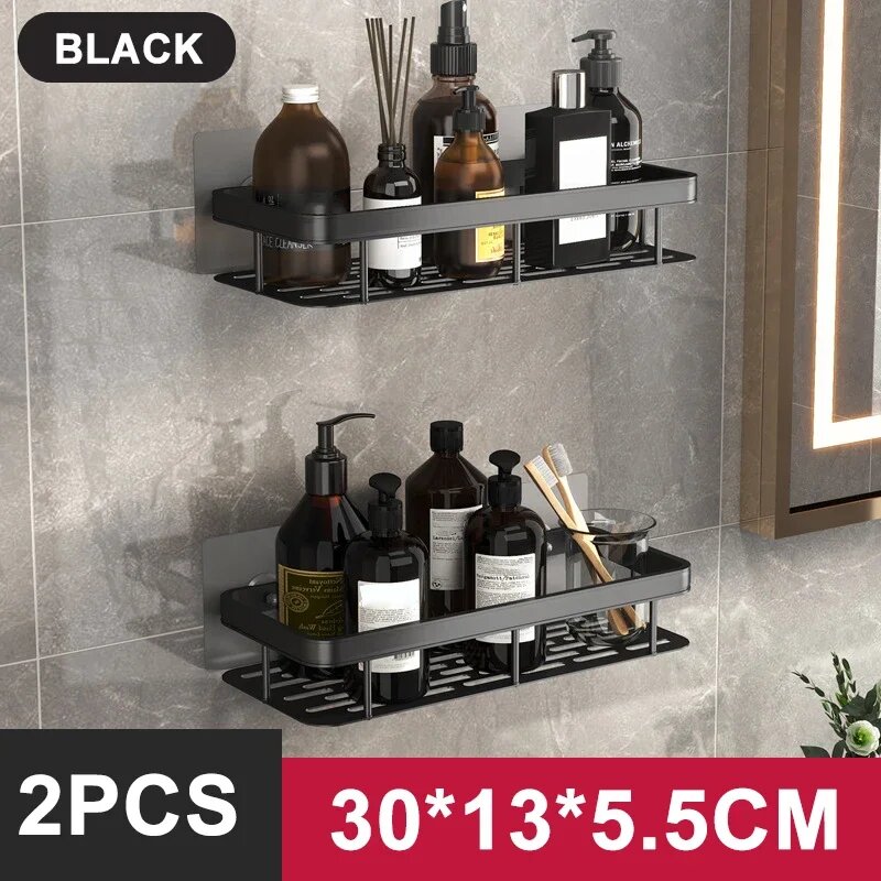 Двухуровневая настенная полка для ванной из алюминия Black-2PCS
