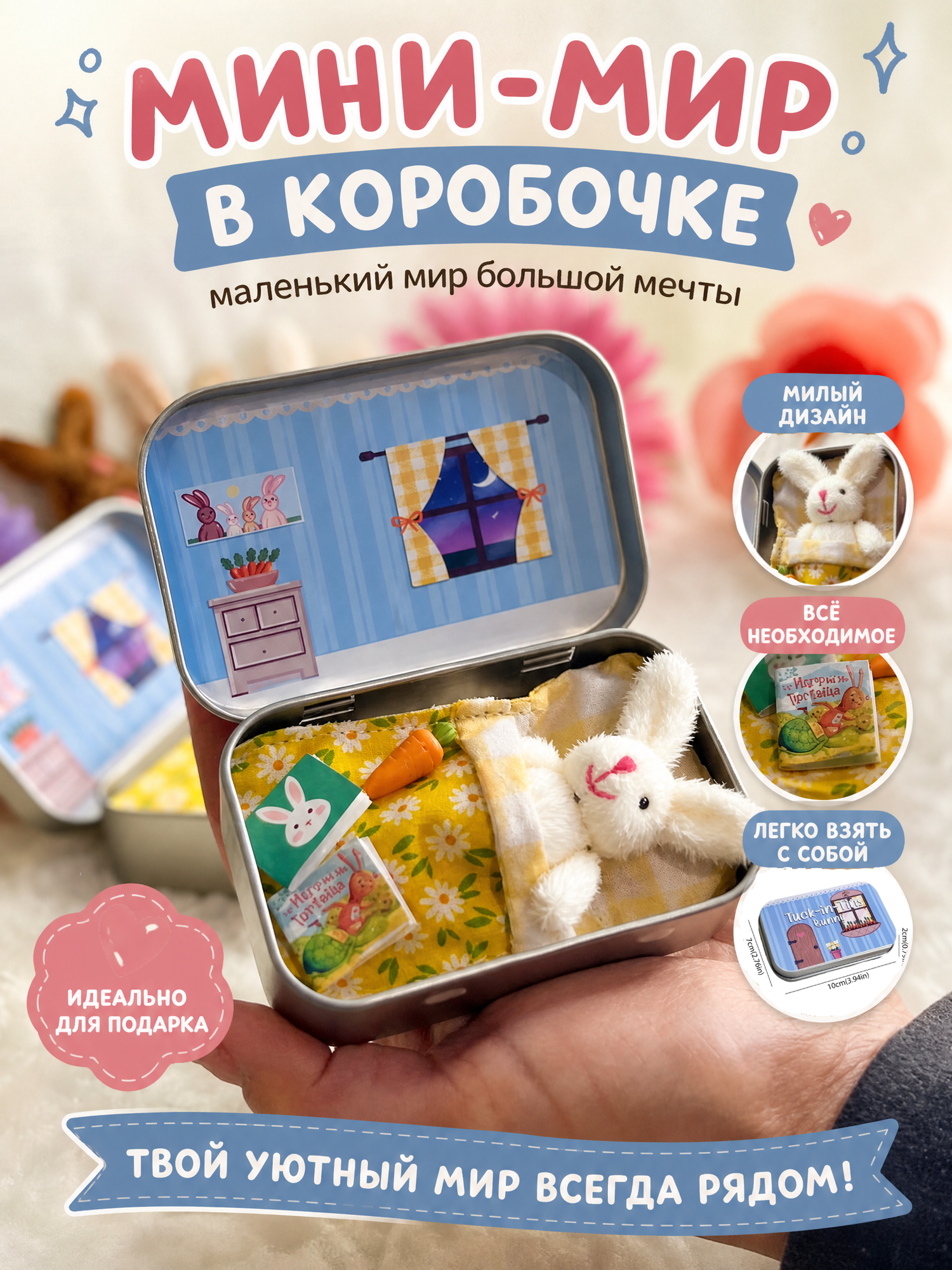 Плюшевый миниатюрный кролик из жестяной коробки