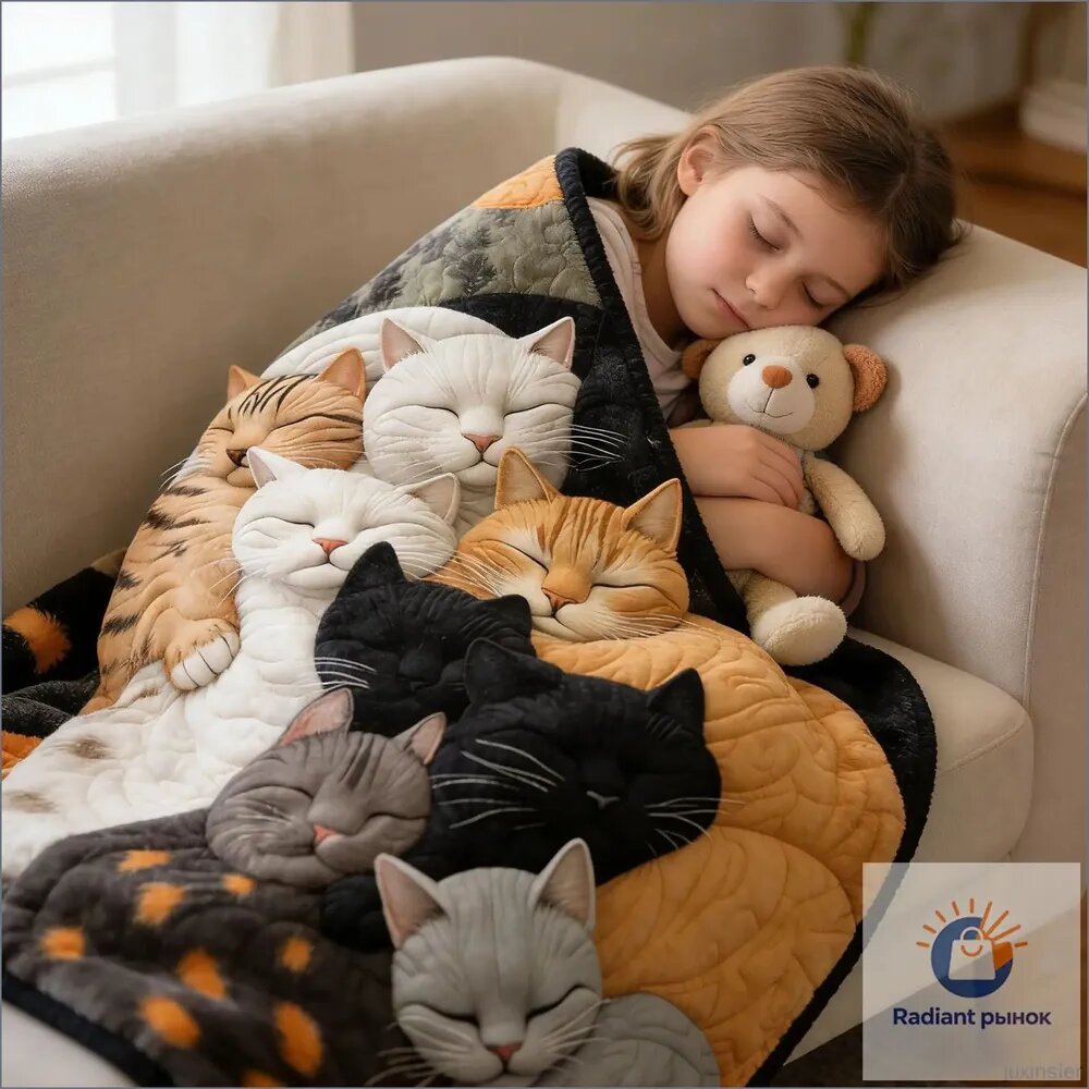 Плед 75x100 см фланель плюшевый кот, котёнок разноцветный
