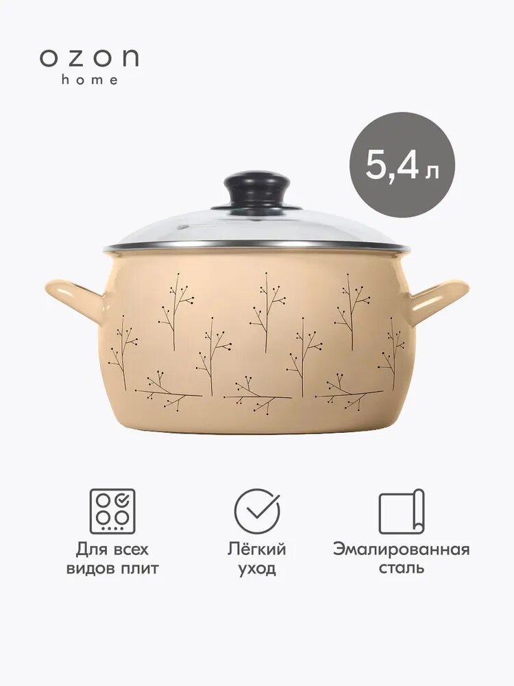 Кастрюля Ozon home Флёр эмалированная со стеклянной крышкой, Бежевый, 5,4 л