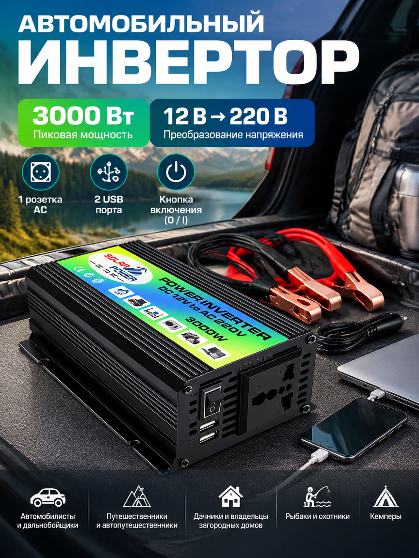 Инвертор автомобильный 3000 Вт: 12 В в 220 В, розетка AC, 2 USB, крокодилы и прикуриватель