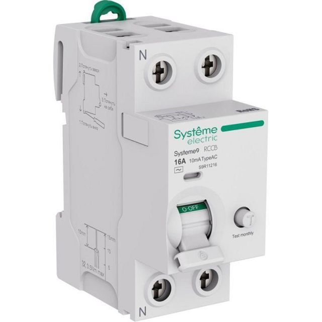 Устройство защитного отключения Systeme Electric Systeme9, (ВДТ), 16A, 2P, 10мА, AC, 230В